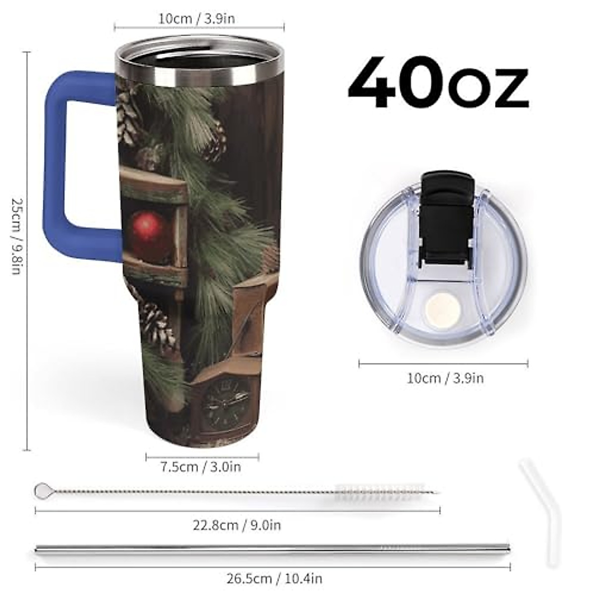 40 Oz Vacuum Tumbler with Deep Blue Handle Leakproof Insulated Tumbler Xmas Tree Branch Bear Doll Stainless Steel Travel Mug with Lid And Straw Coffee Cup Cute Water Bottles Cup Holder Friendly