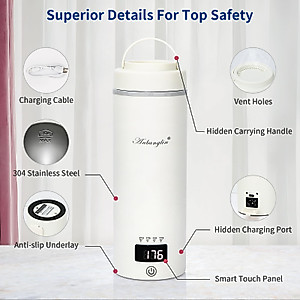 Portable Bottle Warmer for Travel, 17 Oz Milk Warmer, 4 Temperature Control & Auto Shut-Off, Fast Boil Hot Water Warmer, Perfect for Travel&Hotel Use,Electric Kettle with Handy（White，Non-Rechargeable）