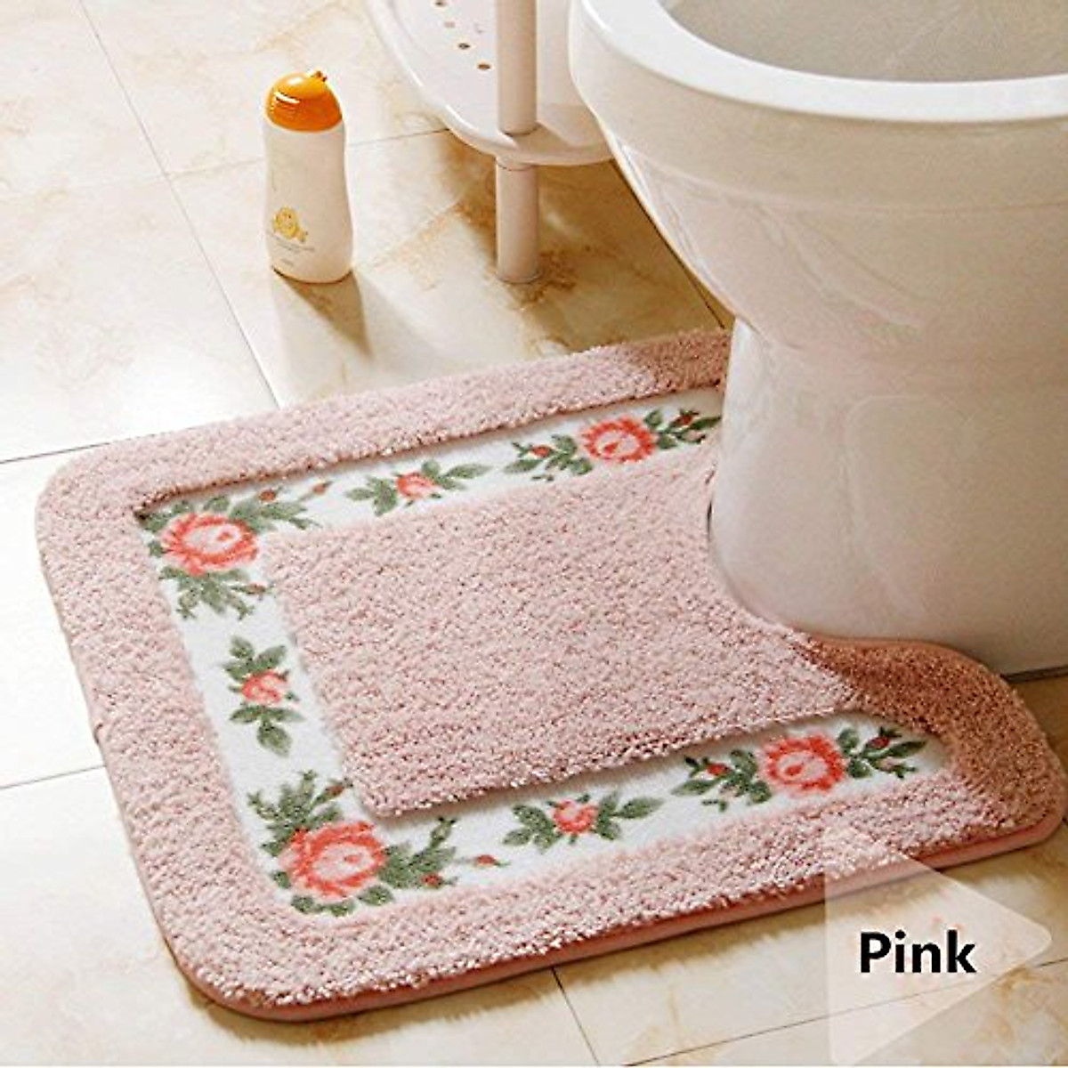 UKELER Non-Skid Floral Rose Bathroom Contour Rugs, Set of 2 Soft Shaggy Non Slip Bath Shower Mat and U-Shaped Toilet Floor Rugs, Pink