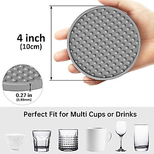 HFHOME Drink Coasters, 6 Pack Silicone Coasters Set with Holder, Coasters for Drinks for Coffee Table, Table Cup Mat Desk Coaster for Drinks, Bar Coasters for Home Decor Tabletop Protection - Gray