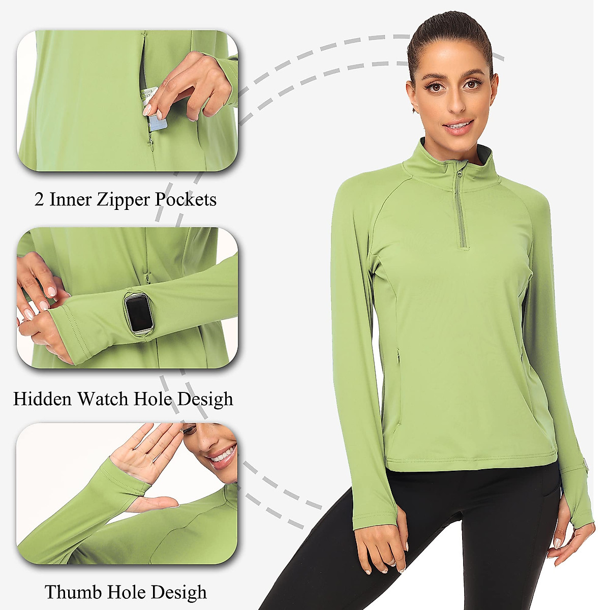 CUNYI Womens UPF 50+ Sun Protection Long Sleeve Quarter Zip Pullover Quick Dry Hiking Shirts with Zipper Pockets Workout Tops, Light Green, XXL