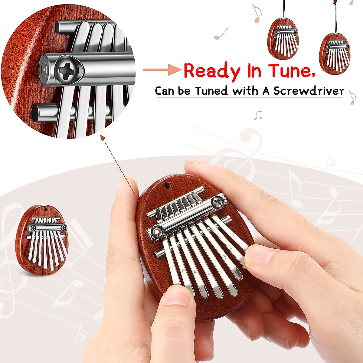 15 Pcs 8 Key Mini Kalimba Portable Thumb Piano Tiny Wood Finger Piano Oval Shape Marimba Instrument Small Pocket Musical Gifts for Kids Adults Beginners, Ropes and Chains Thanksgiving Christmas Gift