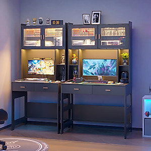 Vlsrka LED Home Office Desk with Hutch, 31.5 Inch Modern Computer Desk with Power Outlet, Wooden Bush Study Desk with Storage Drawers & Shelves (Matte Black)