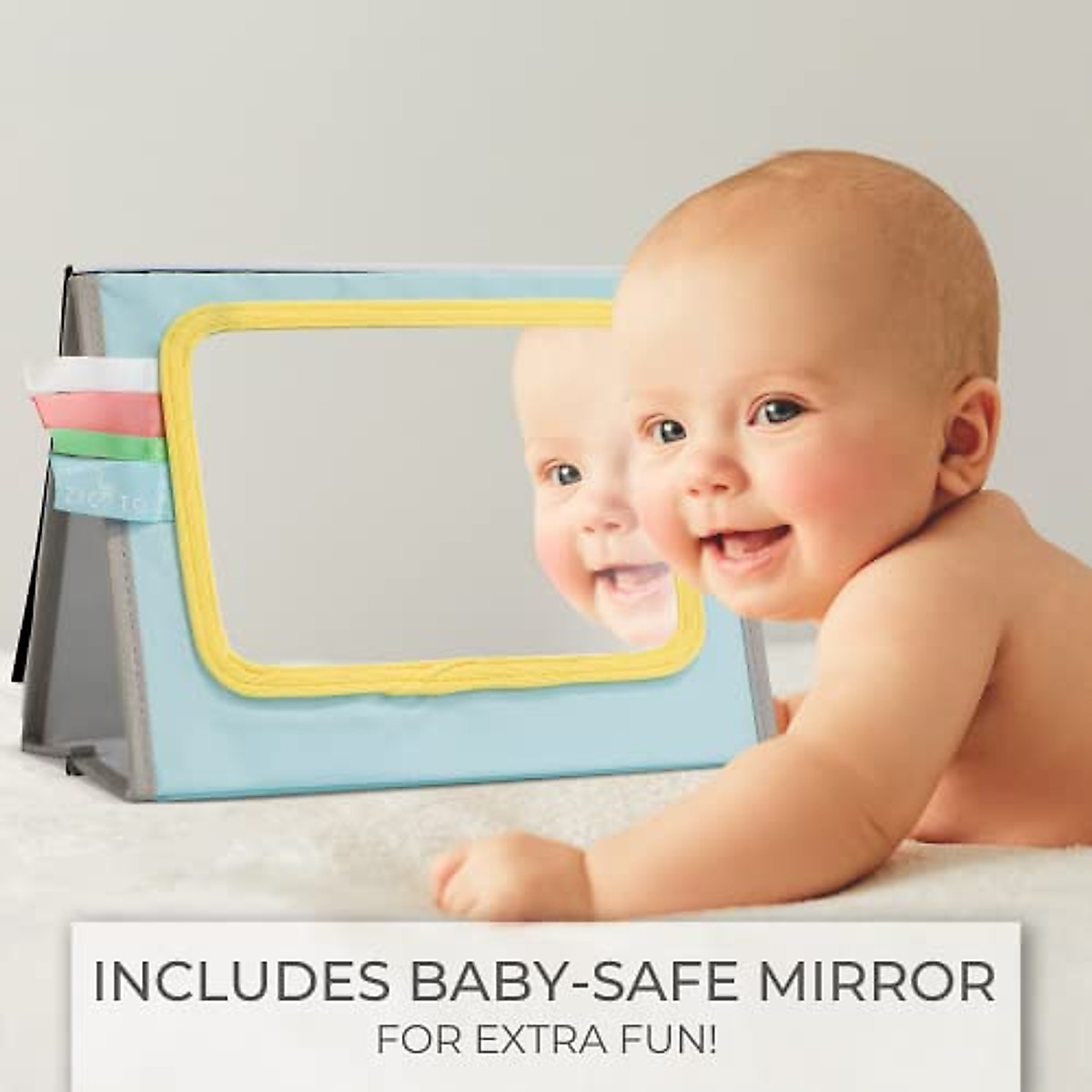 Soft Tummy Time Book with Large Stimulating Baby Safe Mirror - Fun High Contrast Montessori Toy w/ Mirror, Crinkle Paper & Silicone Teether - The Perfect Toy For Safe Early Newborn/Infant Development