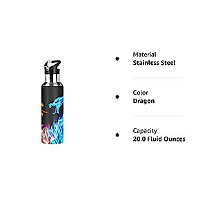 Qilmy 3D Printing Dragon Water Bottle Vacuum Insulated Stainless Steel Water Bottles with Straw Lid Leakproof Wide Mouth Water Flask for Fitness Outdoor Sports, 22 oz…