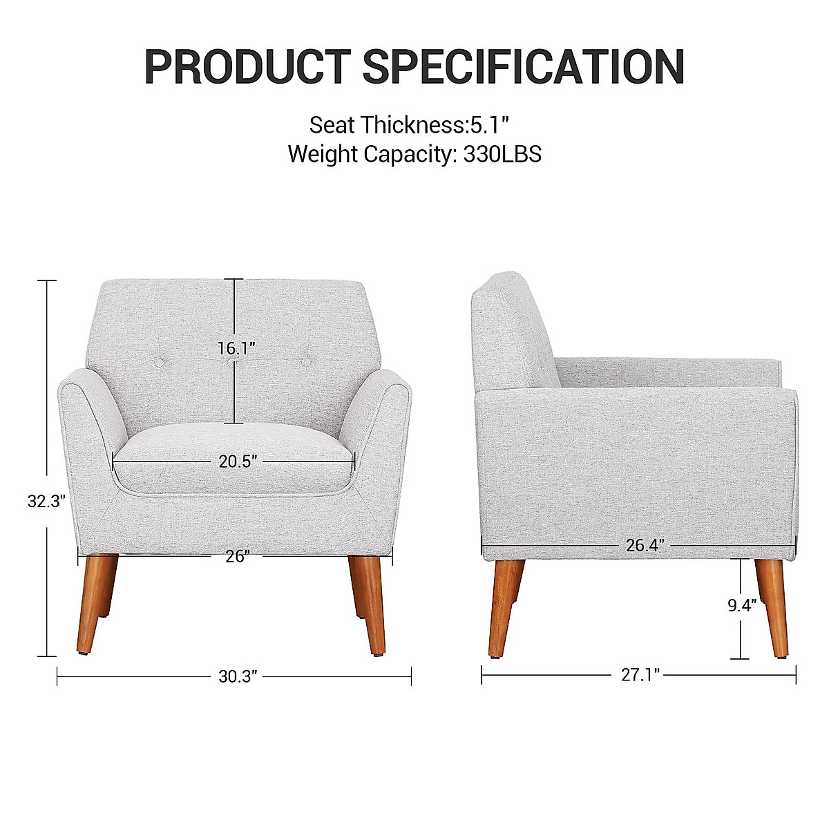 FUNKEEN Beige Accent Chair, Living Room Chair Linen Armchair Button Tufted Mid Century Modern Comfy Chair Upholstered Single Sofa Chair for Bedroom Reading Room Club Studio