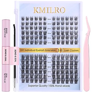 Eyelash Extension Kit with 144 Pcs DIY Lash Clusters, Bond and Seal and Tweezers D Curl Reusable Individual Lashes Cluster Super Thin Band & Soft for Beginners Self Application DIY at Home, by Kmilro