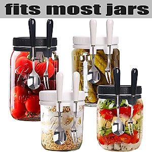 Overnight Oatmeal Lid，Overnight Oats Containers 4 piece set，Pickle Fork ，spoon，Suitable for mason jars and overnight oats jars(black White，Jars not Included)