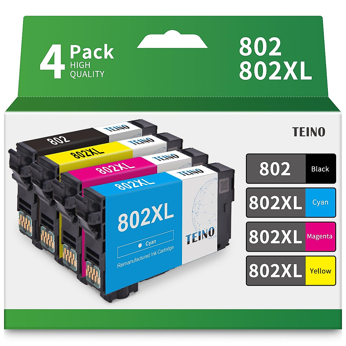 TEINO 802 Ink Cartridges Replacement for Epson 802 802XL Ink Cartridges Combo Pack for Epson Workforce Pro WF-4740 WF-4730 WF-4720 WF-4734 EC-4020 EC-4030 (4-Pack) 802XL T802XL Ink Cartridges