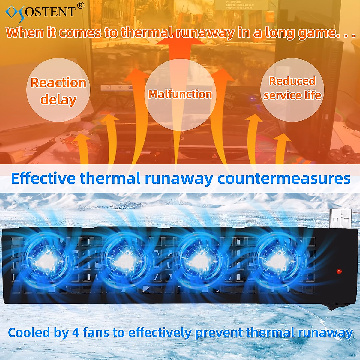 OSTENT USB Cooling Cooler Fan 4-Fan Automatic Temperature Adjustable for Sony PS3 Console