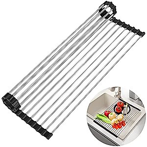 Cuteadoy Dish Drying Rack,18.5’’x13.3’’ Multipurpose Kitchen Roll Up Dish Rack Foldable Stainless Steel Drain Rack Over The Sink Drying Rack for Vegetable Fruit and Dish