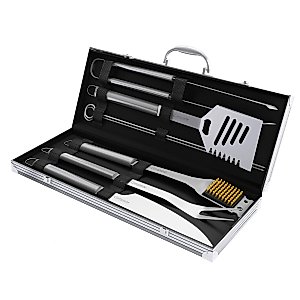 7-Piece Stainless-Steel BBQ Cooking Utensils Set - Barbecue Grill Accessories with Aluminum Portable Handled Storage Case by Home-Complete (Silver)