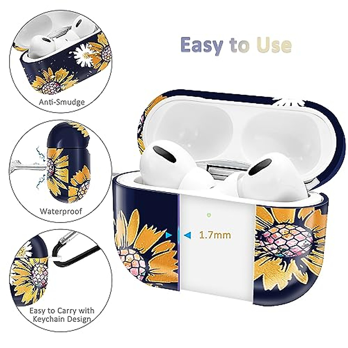 Casewind Compatible with AirPods Pro Case, [with Keychain] Glitter Floral Sunflower Cute AirPod Pro Case Cover Full Protective Hard Shockproof AirPods Pro Case for Women Girl Men,Front LED Visible