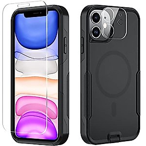 Xmon Magnetic Case for iPhone 11 Case [MIL-Grade Drop Tested & Compatible with MagSafe] Tempered Glass Screen Protector with Camera Lens Protector Phone Case Cover for Apple iPhone 11 (Black)