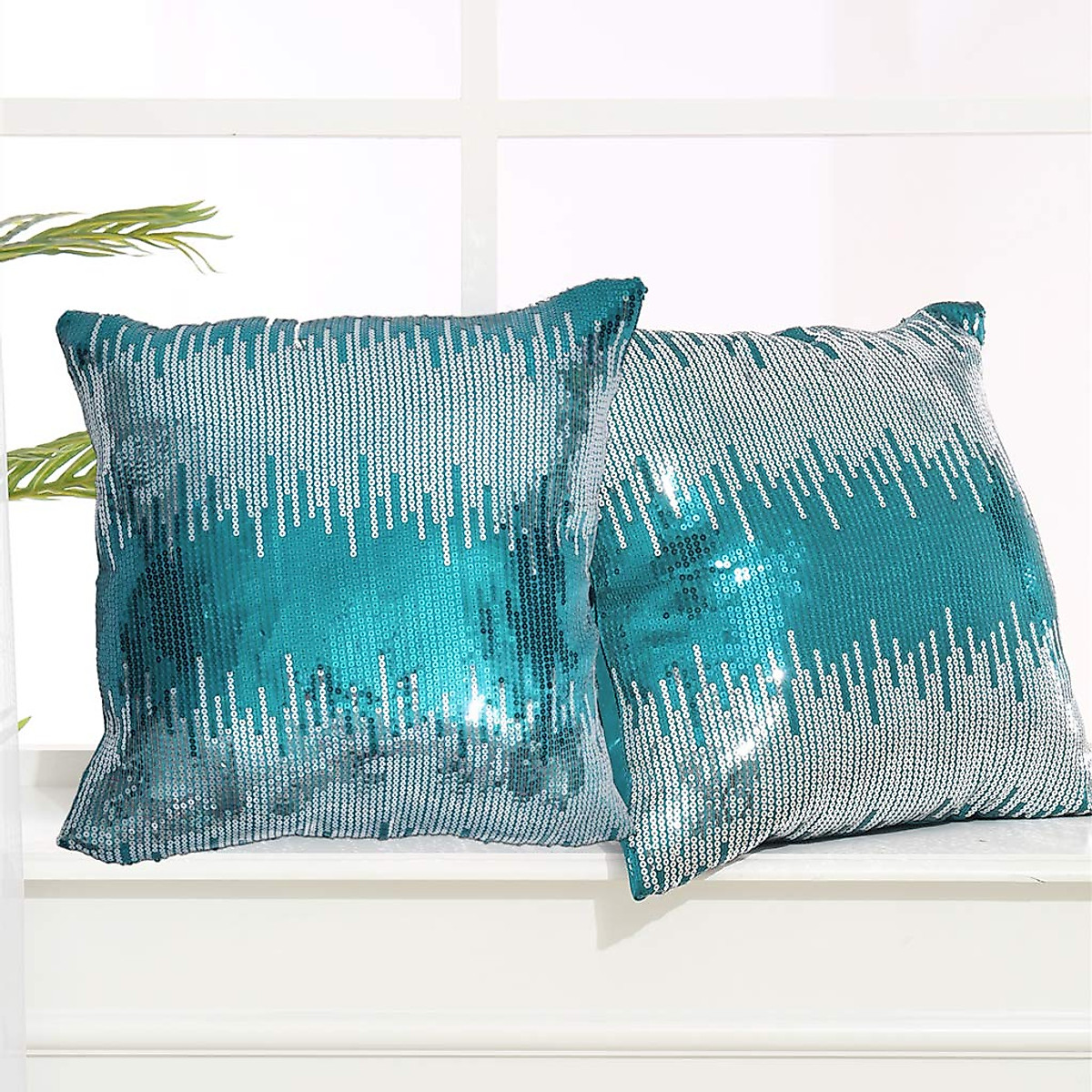 Juya Delight Sequin Throw Pillowcases Teal and Silver Sparkle Pillow Cushion Covers for Couch Sofa Home Decor,18x18 inches, Set of 2