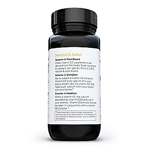 Plant-Based Vitamin D3 Immune Support with Vegan K2 Complex in a Vegetarian Softgel - Includes 5,000 IU of Vitamin D for Immunity Boost, Complete Bone Health & Arterial Protection (1 D3+K2)