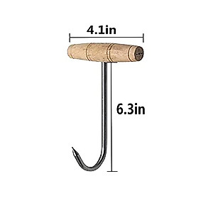 Tinsow 2pcs Stainless Steel T Hooks T-Handle Meat Boning Hook for Kitchen Butcher Shop Restaurant BBQ Tool (Wooden Handle)