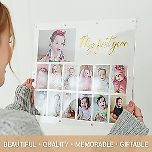 LOOKEY My First Year Acrylic Baby Picture Keepsake Frame, Monthly Milestone, 12 month Photos, Gender-Neutral Nursery Décor, First Birthday Monthly Photo Collage, Baby Shower, New Mom Gift
