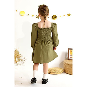 Happy Town Toddler Girl Fall Dress Long Sleeve Play Wear Dress Baby Solid Color Casual Clothes (Green, 3-4 T)
