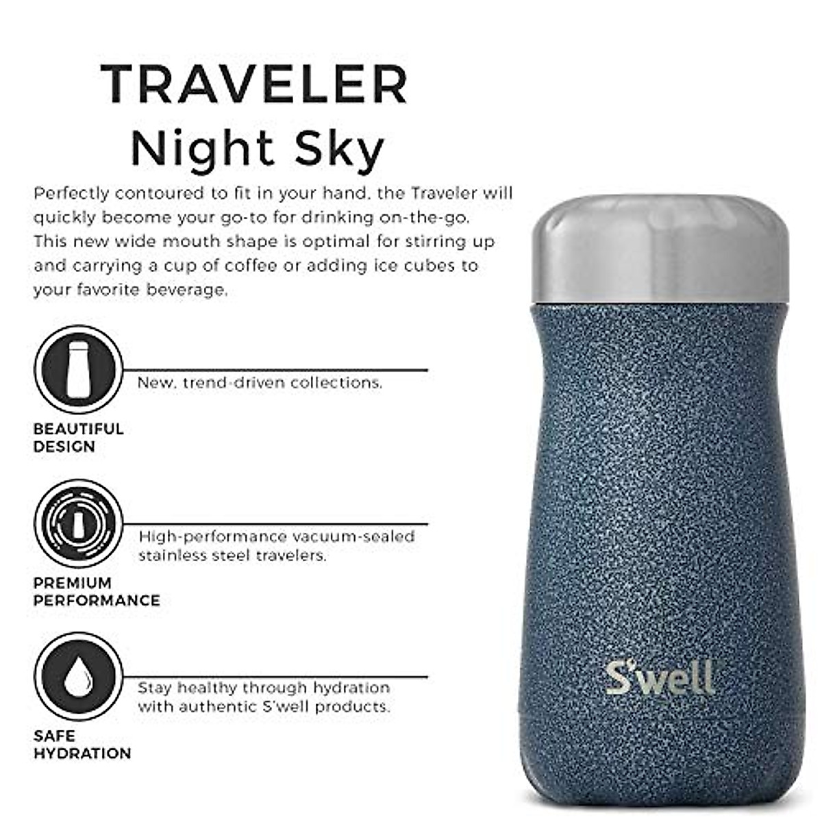 S'well Stainless Steel Traveler - 12 Fl Oz - Night Sky - Triple-Layered Vacuum-Insulated Containers Keeps Drinks Cold for 21 Hours and Hot for 9 - with No Condensation - BPA Free Water Bottle