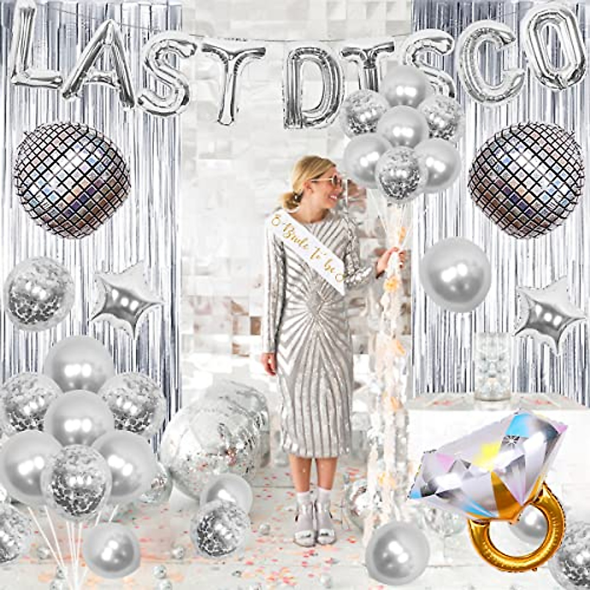 Last Disco Bachelorette Party Decorations Silver Last Disco Banner, Disco Ball Ring Balloons, Bride To Be Sash, Foil Fringe Curtain for Bridal Shower Retro 70s Bach Dance Music Festival Party Supplies