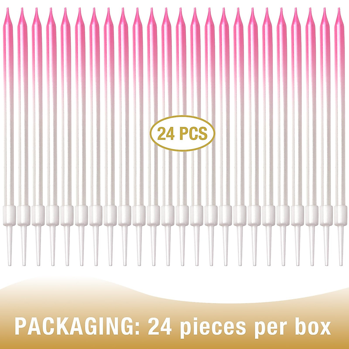 24-Count Gradient Pink Birthday Candles, Long Thin Cake Candles for Wedding, Celebration, Birthday Party Cake Cupcake Decorations