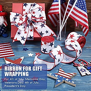 2 Rolls Stars Wired Edge Ribbon 4th of July Red White Blue Ribbon Independence Day Flag Day Ribbon for Wreaths 2.5 Inch Patriotic Fabric Ribbons for DIY Independence Day Party Decorations, 20 Yards