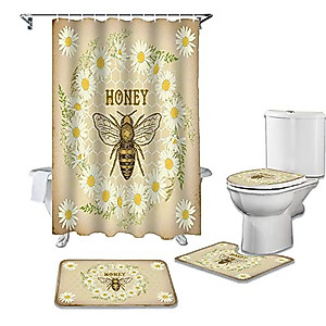 Shower Curtain Set with Bathroom Rugs and Mats Vintage Farm Honey Bee Daisy Flower Wreath Bathroom Rugs Set 4 piece,Non-Slip Rugs,Toilet Lid Cover and Bath Mat,Waterproof Shower Curtain for Tub