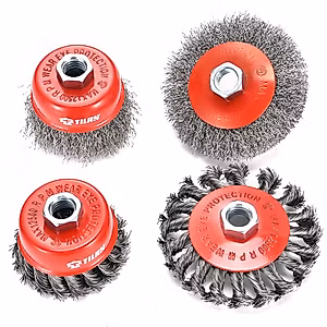 TILAX 4pcs Wire Wheel Cup Brush for Angle Grinder, 5/8 Inch-11 Threaded Arbor, 0.012" Coarse Carbon and 0.02" Knotted Carbon Steel Wire for 4 1/2 Angle Grinder for Heavy-Duty Rust,Paint Removal