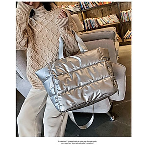 Puffer Tote Bag,Women Large Designer Handbags, Winter Soft Puffer Shoulder Bag Women Yoga Fitness Bag Travel Bag (Silver)