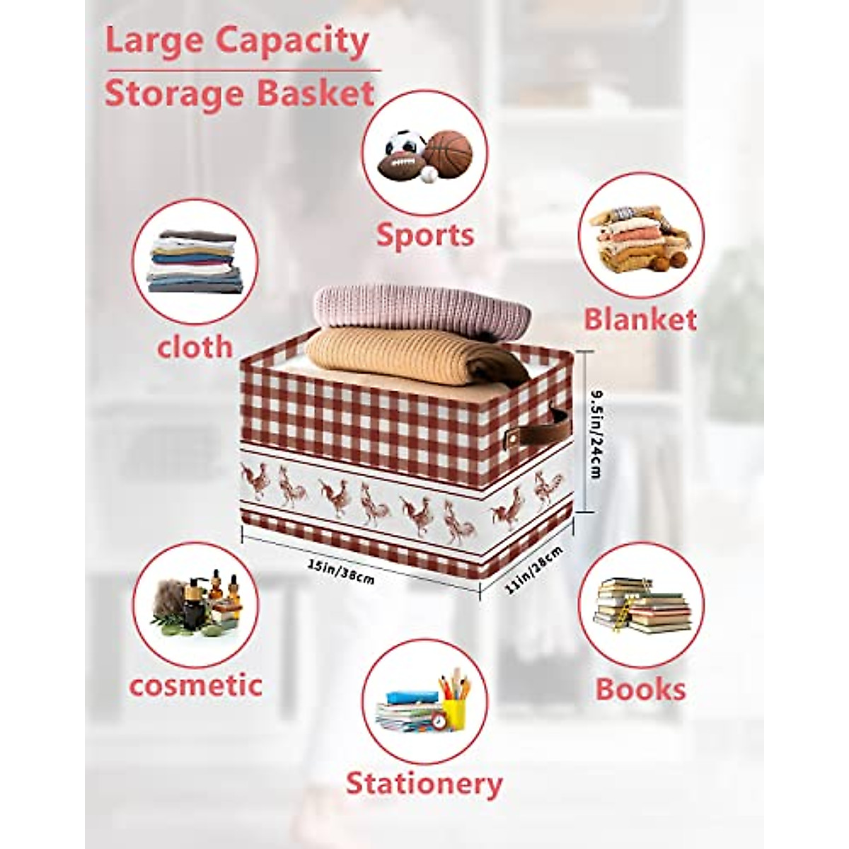 Farmhouse Rooster Storage Bins 1 Pack, Large Waterproof Storage Baskets for Shelves Closet, Rustic Farm Animals Red White Plaid Storage Basket Foldable Storage Box Cube Storage Organizer with Handles
