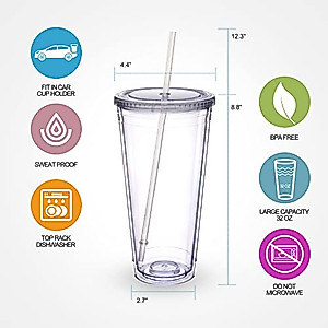 Zukro Acrylic Tumbler with Straw and Lid 32 oz, Double Walled Clear Plastic Straw Cup,Reusable Insulated Cup Perfect for Parties, Birthdays, Customization, Clear,2 Pack,