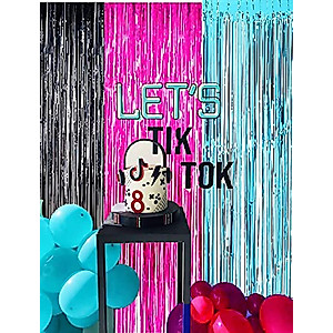 TIK Tok Birthday Decorations TIK TOK Party Photo Backdrop, TIK Tok Party Decorations Fuchsia Black Teal Foil Curtains for TIK Tok Party