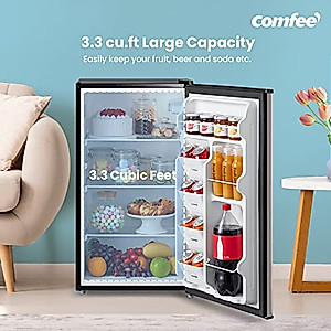 COMFEE' CRM33S3AST Cubic Feet Compact Singel Door Mini Fridge for Bedroom Office Garage Studio Dorm with 3 Removal Glass Shelves Stainless Steel Refrigerator, 3.3 Cuft, Silver