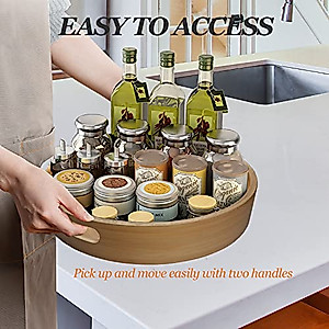 14 Inch Bamboo Lazy Susan Organizer, Wooden Turntable for Kitchen Countertop, Wood Rotating Tray Turn Table with Handle, Spinning Spice Rack for Cabinet Pantry Counter Top Organization
