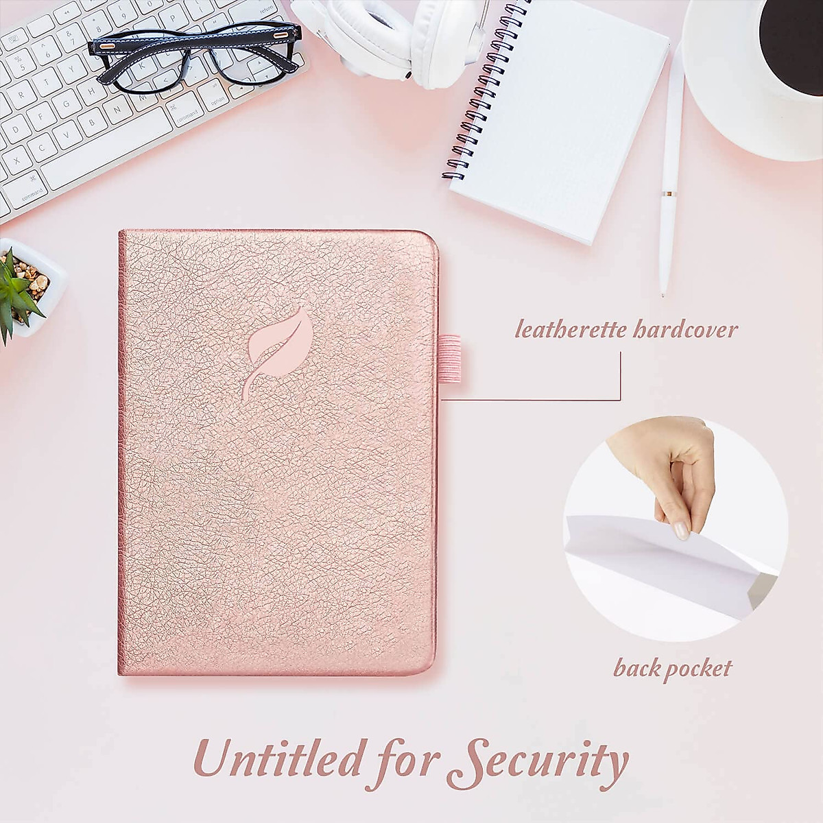 ZICPERY Password Book with Alphabetical Tabs - Premium Leatherette Hardcover Internet Password Keeper Logbook - Untitled Medium Size Password Notebook & Organizer for Home or Office (Rose Gold)