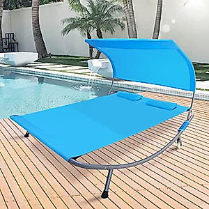 COVERCO Patio Double Chaise Lounge Bed with Canopy,Headrest Pillow and Wheels,Portable Outdoor Hammock Bed for Patio, Yard, Pool (Blue) 2