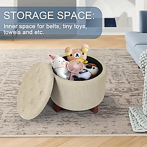 DECO DE VILLE Round Footstool Storage Ottoman, Cushion Button Tufted Linen Fabric Ottoman with Removable Lid, 20", Beige