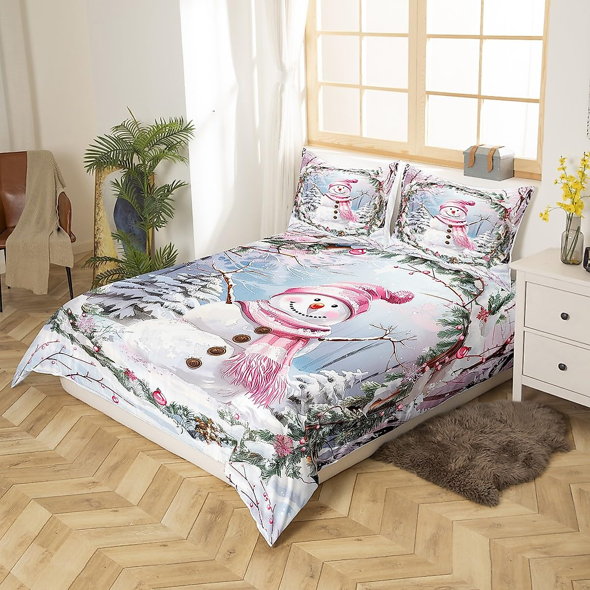 Cute Snowman Duvet Cover Queen Size,Pink Scarf Hat Comforter Cover with 2 Pillowcase for Teens Adults,Kids Merry Christmas Bedding Set,Pine and Snow Breathable 3 Pcs Decorative Bed Cover(No Comforter)