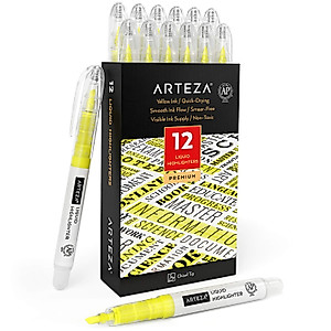 ARTEZA Liquid Highlighter Pens, Set of 12, Narrow Chisel Tip, Bulk Pack of Yellow Highlighters, Office Supplies for Bullet Journal, Notes, or Books