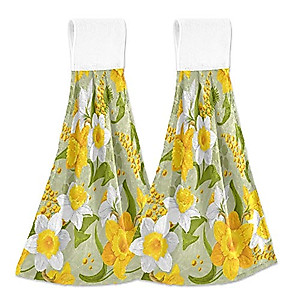 WELLDAY 2 Pcs Hanging Hand Towels Soft Absorbent Daffodils Towel for Kitchen Bathroom