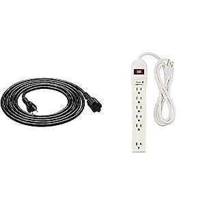 Amazon Basics Extension Cord - 10 feet - US - Black & 6-Outlet Surge Protector Power Strip, 790 Joule - White