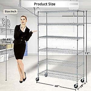 6-Tie Metal Storage Shelves, 48" x 18" x 72" Wire Shelving Unit w/Wheels, 6000 LBS Heavy Duty Industrial Utility Steel Storage Rack, NSF UltraDurable Shelf Organizer Racks for Garage Kitchen Storage
