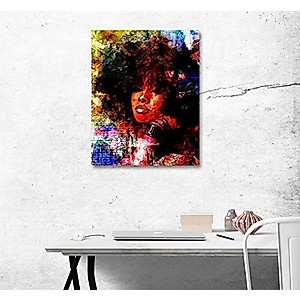 HVEST African Woman Canvas Wall Art-Black Woman with Afro Hair Artwork Hippie Painting for Living Room Bedroom Bathroom Office Wall Decor,Stretched and Framed Ready to Hang,12x16 inches