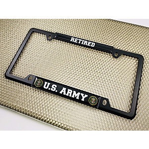 [Officially Licensed Product] - U.S. Army Retired - Domed Custom-Made Personalized Narrow (Thin) Top 4 Hole Metal Car License Plate Frame with Free caps - Black (Quantity: 1 Frame)