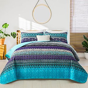 WONGS BEDDING Boho Quilt King Size, Blue Purple Bohemian King Quilt, Lightweight Microfiber Bed Decor Bedspread for All Season 103"x90"(3 Pieces)