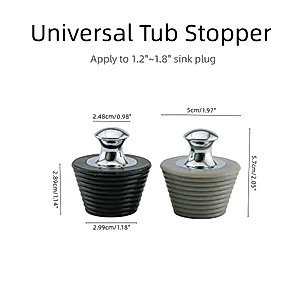 Jeeje 2 Pack Bathtub Stoppers Universal Drain Plug Silicone Tub Stopper with Brass Handle for Kitchen Bathroom Sink Washbasin Accessories Easy to Use (Black and Grey)