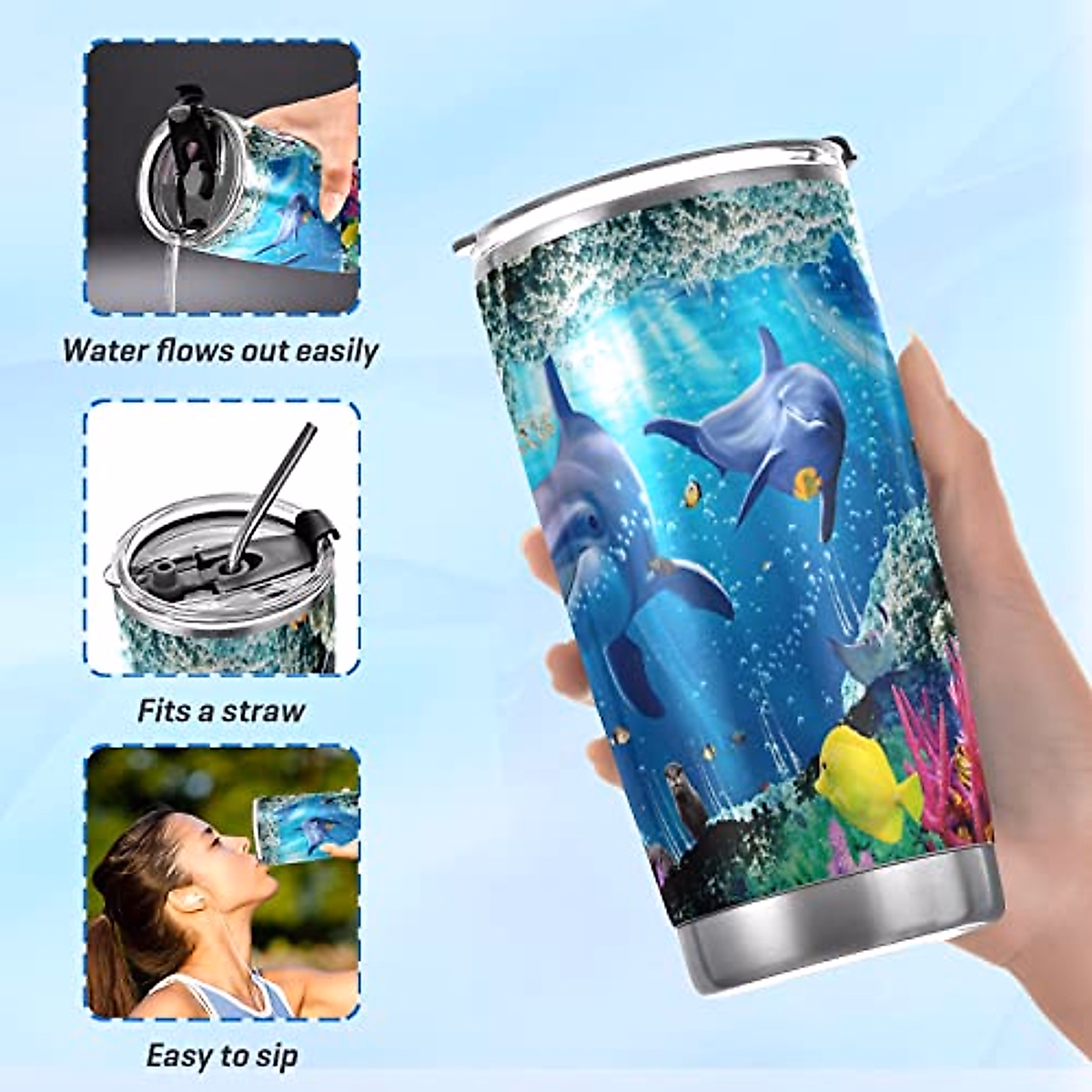 ALAZA 3D Dolphin Ocean Insulated Travel Tumbler Mug with Lid & Straw Double Wall Vacuum Water Bottle Car Cup Stainless Steel, Hot and Cold Thermos, 20oz