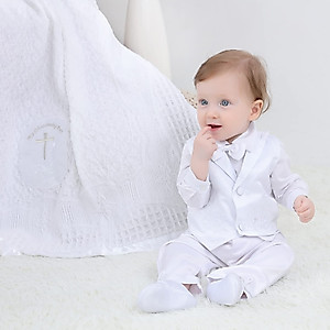 Booulfi Baby Blanket Newborn Unisex White Baby Blanket Shawl Knitted Nursing Cover Baby Summer Autumn Winter Baptism Christening Blanket with Embroidered Cross