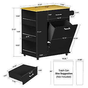 HQZX Rolling Kitchen Island with Trash Can Storage, Portable Kitchen Island on Wheels with Towel Rack & Spice Rack, Tilt Out Trash Can Cabinet with Drawer, Mobile Kitchen Island Cart for Kitchen Black